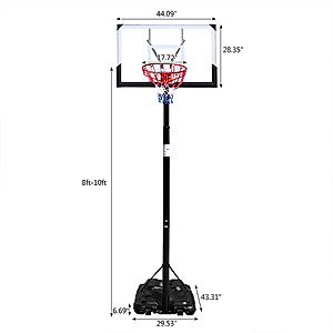 Ktaxon 8-10Ft Height Adjustable Basketball Hoop, 44 Inch Portable PC Backboard System, Adults & Youths Basketballs Goal Set W/Fillable Base, Nylon Net for Indoor Outdoor