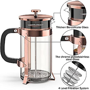 QUQIYSO French Press Coffee Maker 34oz 304 Stainless Steel with 4 Filter, Heat Resistant Durable, Easy to Clean, Borosilicate Glass Press, 100% BPA Free Teapot (Copper)