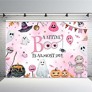 MEHOFOND 7x5ft Halloween Baby Shower Backdrop for Girls A Little Boo Is Almost Due Pumpkin Pink Watercolor Photography Background Halloween Baby Shower Party Banner Supplies Photo Booth Studio