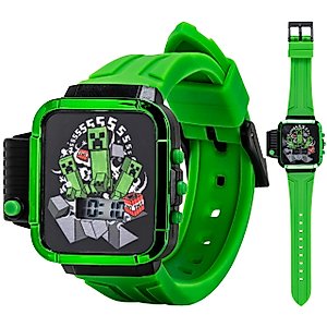 Accutime Minecraft Creeper Merch - Kids Digital Watch with LED Flashlight, Light Show, and Green Creeper Design - Officially Licensed Minecraft Toy Watch for Boys and Girls Ages 3+