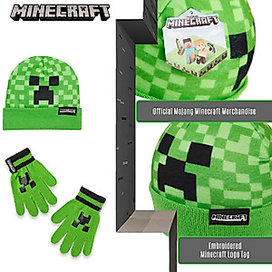Minecraft Beanie Hat Fluffy Bucket Hat or Boys Hat and Glove Set for Kids Teens (Green Hat & Gloves, One Size)