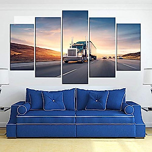 HAOSHUNDA Semi Truck Big Rig On The Highway Poster Living Room Decor 5 Panel Canvas Print Wall Art Gallery Wrapped（Framed） (8x14x2,8x18inx2,8x22inx1)