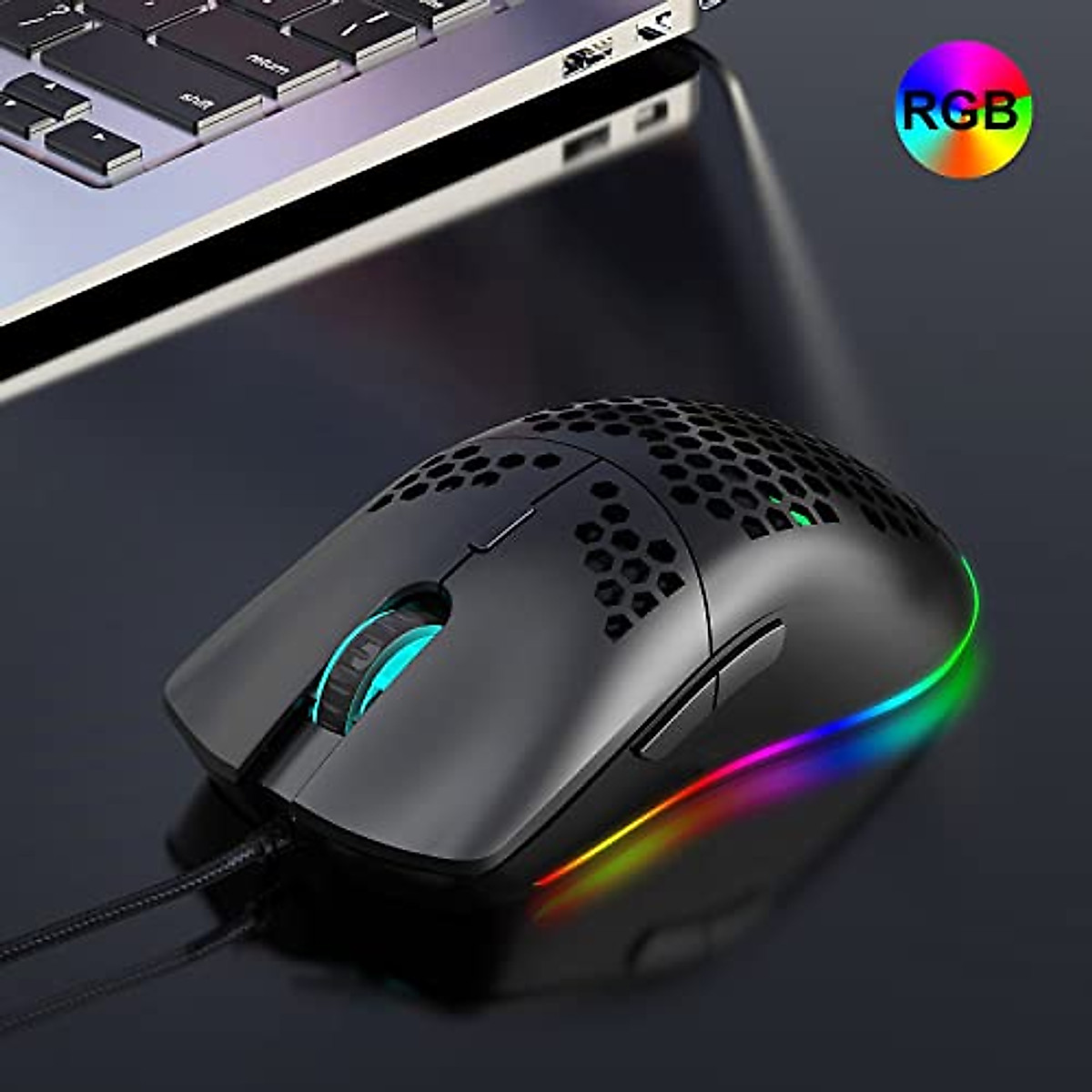 Ruiqas Optical Mouse 6 Buttons Macro Programmable Ergonomic Wired Gaming Mouse with RGB Light 6400DPI for Desktop PC Computer