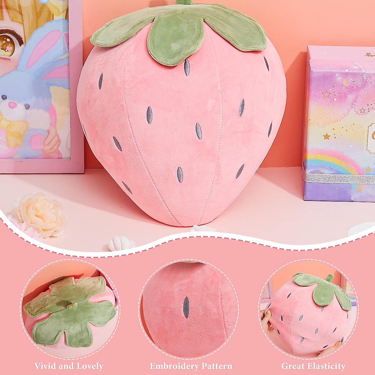 Juexica 2 Pcs Strawberry Plush Pillows Fruit Kids Pillow Soft Kawaii Strawberry Decor Aesthetic Cute Pillows Stuffed Strawberry Pillow for Room Home Car Decoration Birthday Gifts, Red Pink