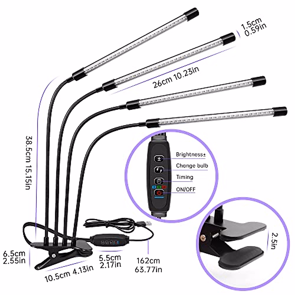 inShareplus LED UV Lamp Four Head with USB, 40W Dimmable UV Light with Clip, Glow in The Dark, 395nm-405nm Black Light for Party, Stage, UV Glue Curing Resin Paint, Collection, Aquarium