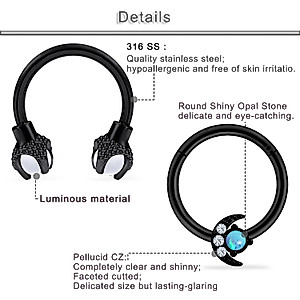 Yaalozei 16G Septum Rings Jewelry Stainless Surgical Steel Opal Flower Black Moon Septum Nose Lip Ring Hoop Earring Clicker Horseshoe Barbell Smiley Piercing Jewelry for Men Women 8mm 10mm 12mm 14mm