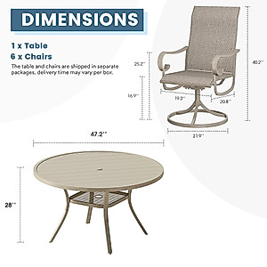 DIFY 7 PCS Patio Dining Set, Outdoor Dining Furniture Set with 47.2" Round Dining Table with Umbrella Hole & 6 Patio Swivel Curved Armrests Chairs for Yard Garden Porch Lawn, Sandshell