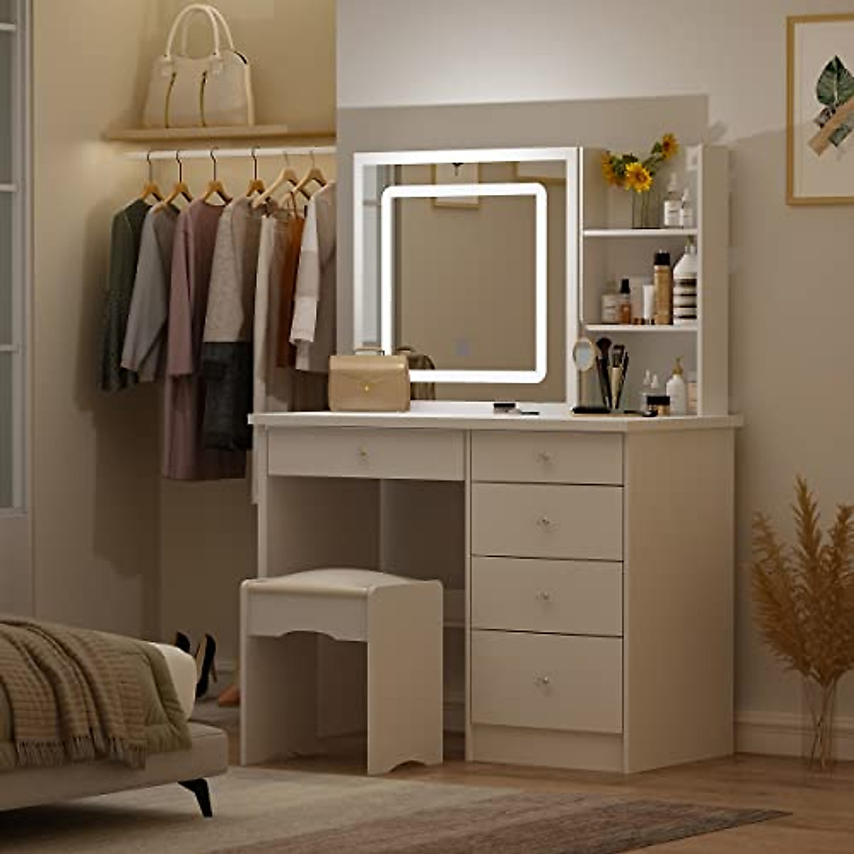 AIEGLE Large Vanity Desk Set with Sliding Lighted Mirror, Makeup Dressing Table with Hidden Shelves & Cushioned Stool, White - Sliding Lighted Mirror