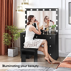 SMOOL Vanity with Lighted Mirror, Makeup Desk Power Outlet and LED Bulbs, 3 Color Lighting Modes Adjustable Brightness, 7 Drawers Table Cushioned Stool for Women Girls, 44'' L, 2-black
