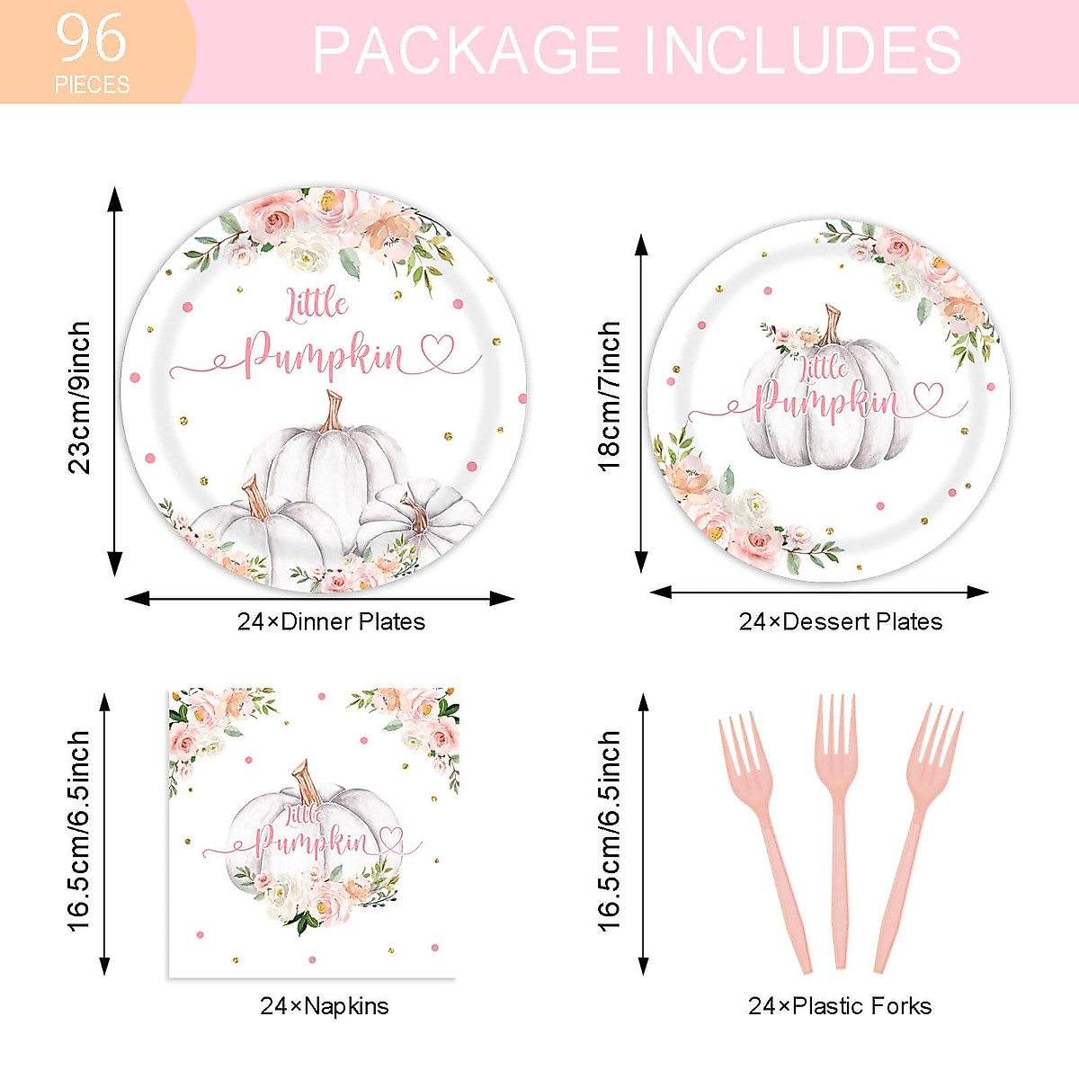 96PCS Pumpkin Baby Shower Party Tableware Set Floral Pink and Gold Girl Little Pumpkin baby Shower Party Supplies Disposable Dinnerware Plates Napkins Forks Serves 24 Guests