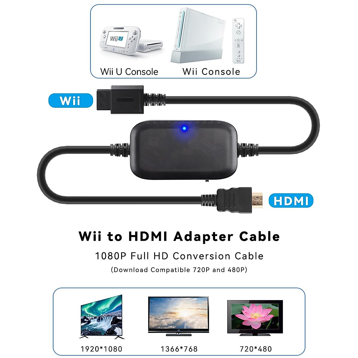 Wii to HDMI Adapter Cable [1080P/720P] Wii HDMI Picture Quality Upscaler Resolution Enhancer Wii 2 HDMI Converter Supports All Display Modes Compatible with Wii/Wii U Console (6.56FT, Plug & Play)