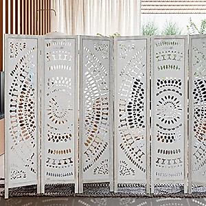 6 Panel Room Divider,Cutout Wood Room Dividers and Folding Privacy Screens,Foldable Natural Wooden Lightweight Room Partition for Office, Bedroom,Terrace(White)