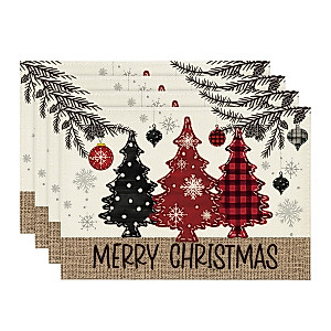 Artoid Mode Red Pine Trees Balls Merry Christmas Placemats Set of 4, 12x18 Inch Winter Xmas Table Mats for Party Kitchen Dining Decoration