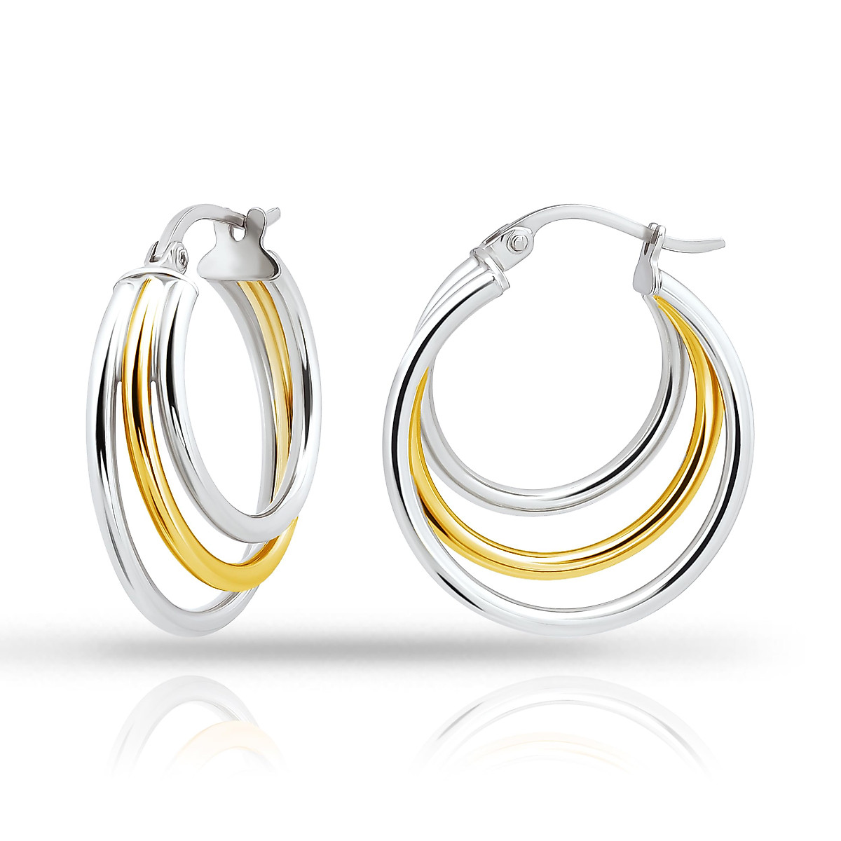 Hoops & Loops Sterling Silver Two-Tone Triple Circle Round-Tube Polished Hoop Earrings, 20mm