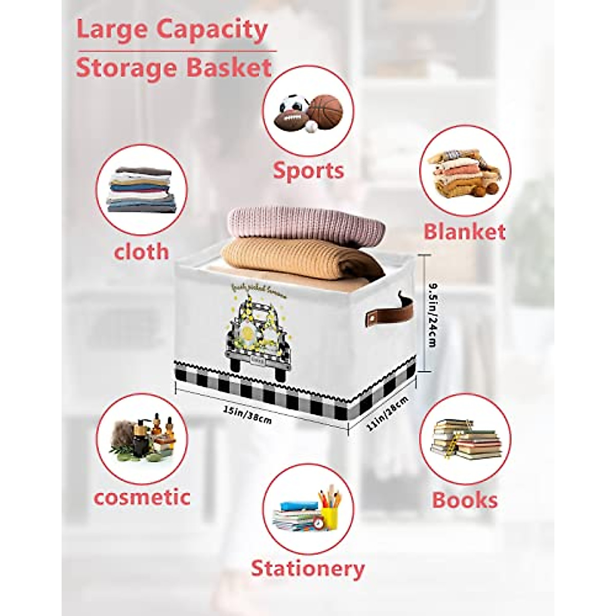 Cube Storage Bins Cloth Towel Organizer Picked Lemons Cartoon Gnome Truck Black and White Plaid Fabric Collapsible Storage Baskets with Handles for Home Office Closet Shelves Toy Nursery 1 Pack