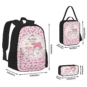 ORPJXIO Backpack 3 Piece Set Kuromi Anime My Melody Laptop Backpack Pencil Case Lunch Bag Combination For Travel Work Camping