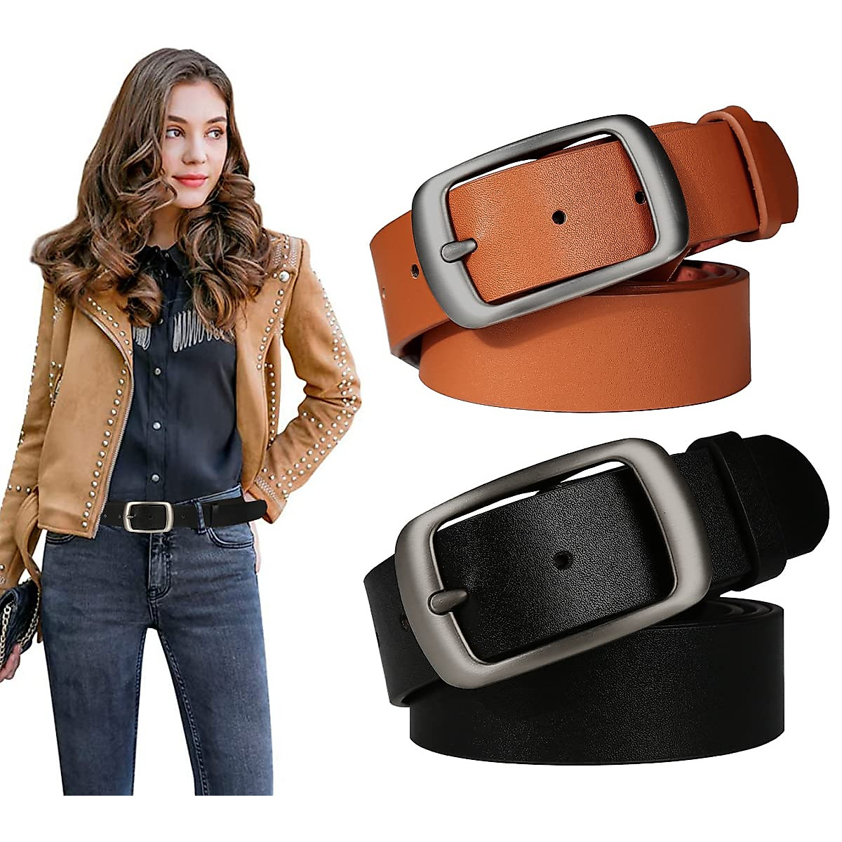 Ssumday 2 Pack Women's Womens Girl Female Ladies Black Brown Waist Leather Belts for Jeans Pants Dress Dresses with Fashion Pin Buckle(RZKBR-L)