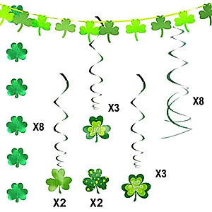 JOYIN 27 Pcs St. Patrick's Day Decoration with Irish Saint Patricks Green Shamrock Foil Strings, Hanging Swirls with Garland. St Patricks Ceiling Hanging and Wall Decoration