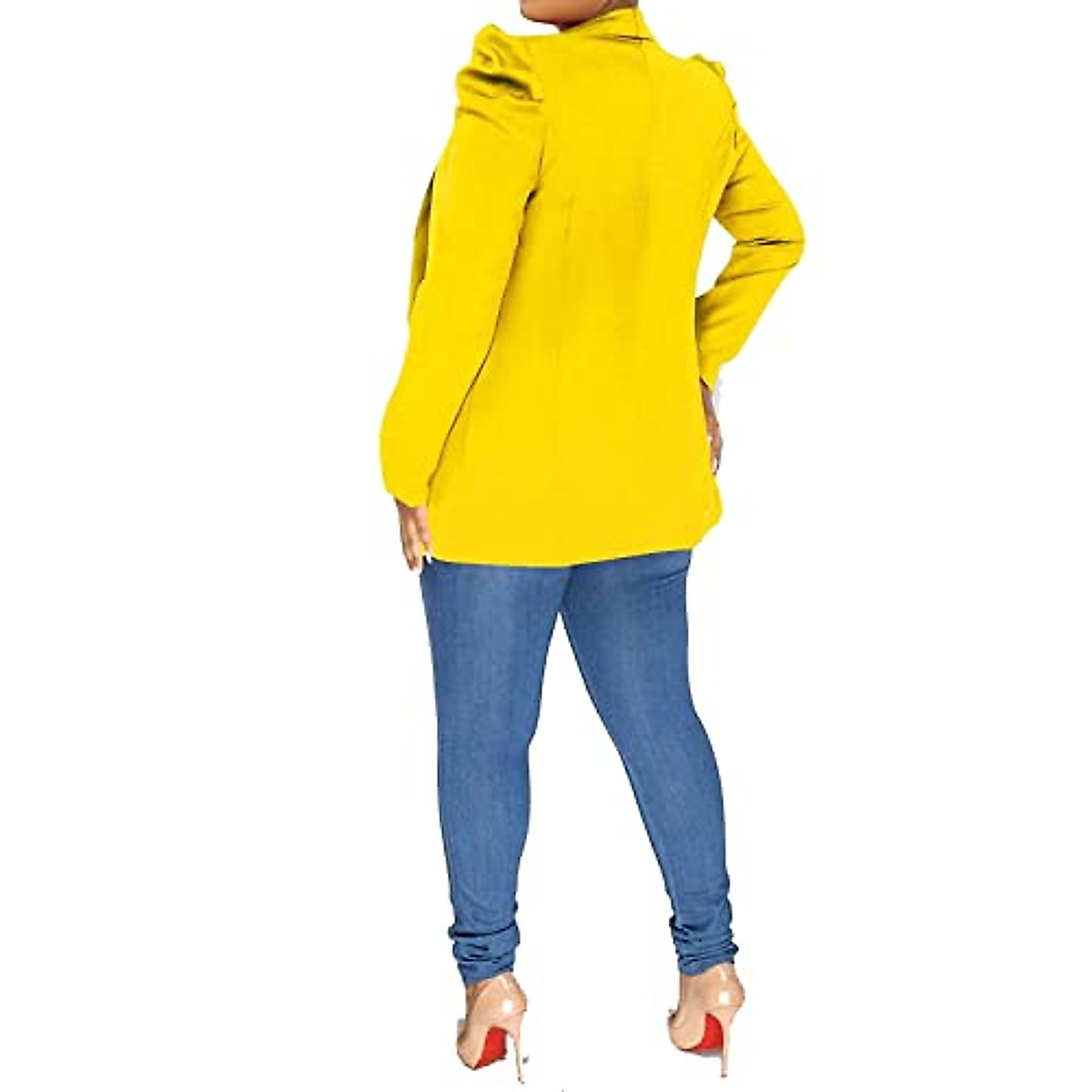 Womens Casual Blazers Open Front Puff Long Sleeve Lapel Work Office Blazers Bussiness Jackets Suit Coat Yellow XX-Large