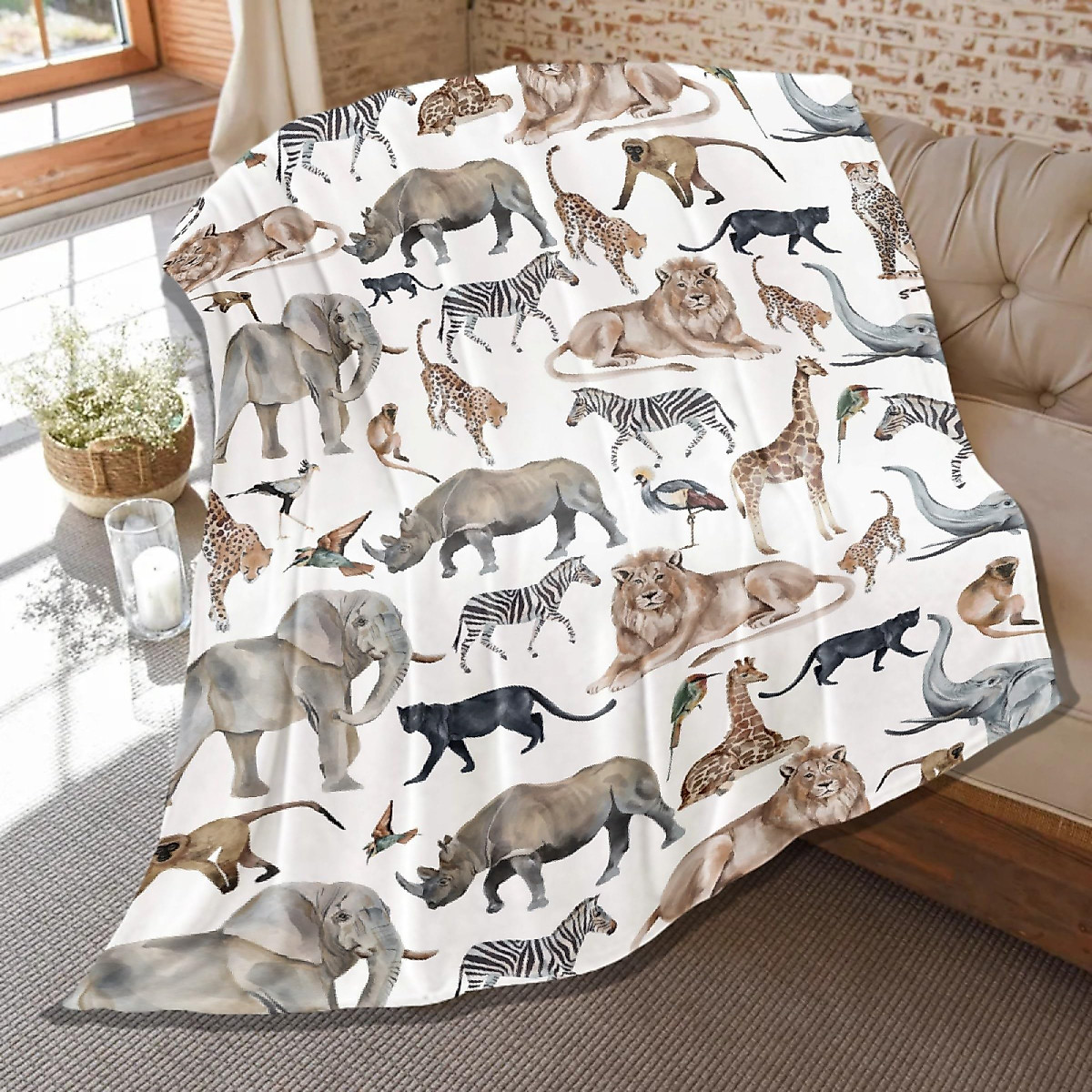 Animal Blanket Gifts for Boys Girls,Woodland Forest Animals Pattern Throws,Soft Plush Elephant Leopard Monkey Lion Hippo Print,Lightweight Quilts for Bed Sofa Decoration 60 x 50in for Teens