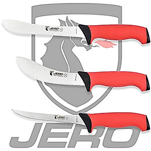 Jero Pro Series TR 3 Piece Butcher Set - Narrow Butcher, Skinning Knife, and Boning Knife - Soft Grip Handles With German High-Carbon Stainless Steel Blades - Made In Portugal
