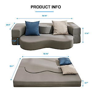 PUREMIND 2-in-1 Queen Folding Floor Sofa Bed, Fold Out Floor Sleeper Sofa Couch Bed for Living Room/Guest Room/Home Office/Van Trip Light Grey