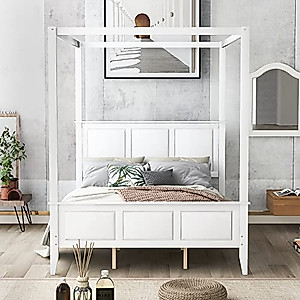 BIADNBZ Queen Size Canopy Platform Bed with Headboard and Footboard,Wooden Bedframe with Slat Support Leg for Bedroom Guest Room,No Box Spring Needed,White