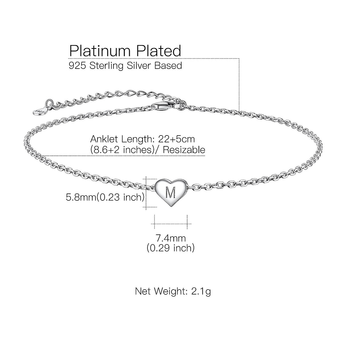 Suplight Sterling Silver Anklets for Women Dainty M Initial Heart Ankle Bracelets