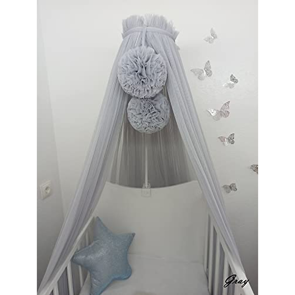 Soft canopy for nursery with holder and pompoms, Kids hanging tent for bedroom, Bed canopy, crib canopy, baby room decor, Nook baldachin (Dusty Pink)