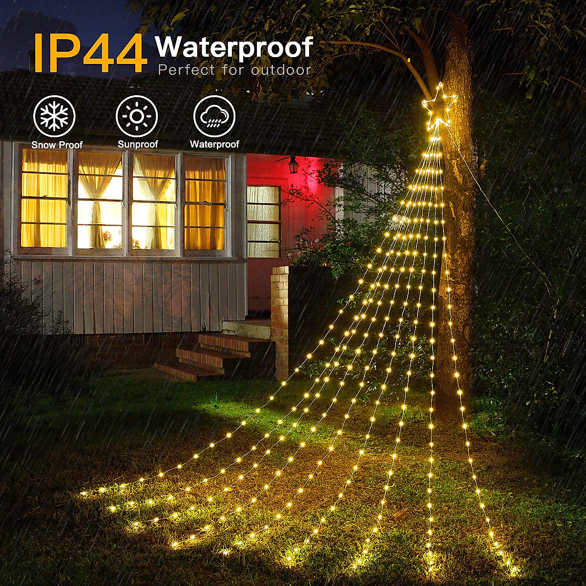 Outdoor Christmas Star String Lights, 16.4Feet Smart RGB Waterfall Tree String Light with APP Remote Control, 317LED DIY Timer Music Sync Shooting Star Lights for Indoor Outdoor Garden Decoration