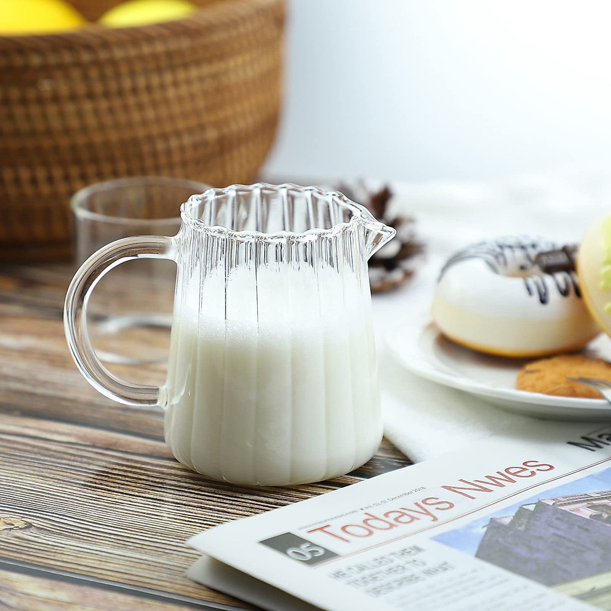 CHOOLD Elegant Wave Shaped Glass Creamer Coffee Milk Creamer Pitcher/Serving Pitcher/Sauce Pitcher/Milk Creamer Jug for Kitchen 8.5 oz, Set of 2