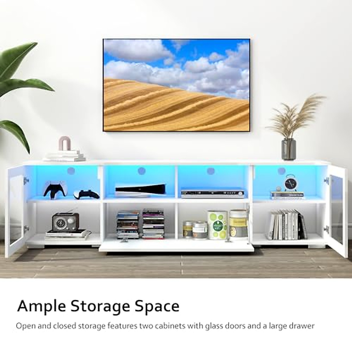 chartustriable 70 Inch Modern TV Stand with Music Sync LED Lights for 75 Inch TV, High Gloss Entertainment Center with Storage Cabinet, TV Media Console for Living Room Bedroom(White)