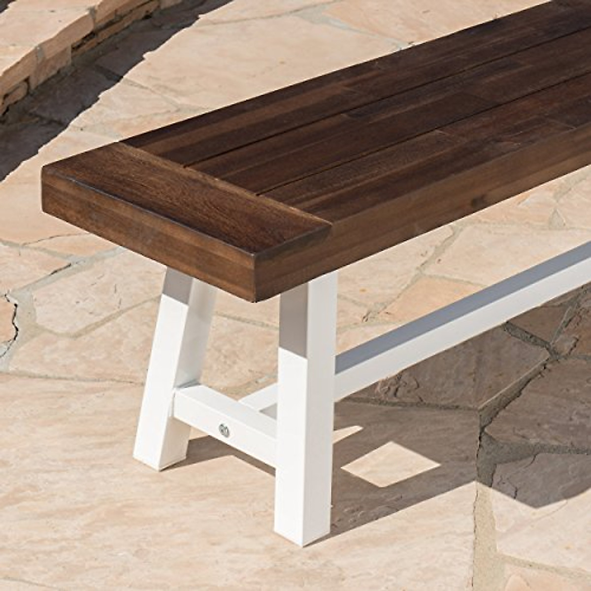 Christopher Knight Home Carlisle Outdoor Acacia Wood Dining Bench with Metal Frame, Sandblast Dark Brown / White Rustic Metal