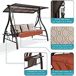 Iwicker 3-Seat Patio Swing Porch Glider Hammock Hang Bench Chair with Adjustable Canopy, Folding Tray, Cushions and Sunbrella Pillows Included for Garden, Poolside, Balcony