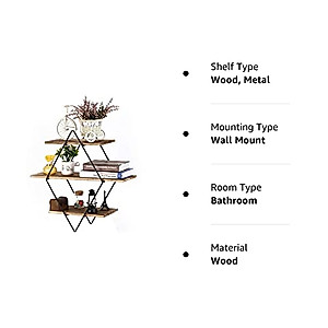 Homode Floating Shelves, Rustic Wood Geometric Wall Shelf, 3 Tier Diamond Metal Storage Shelves for Bedroom, Bathroom, Living Room, Kitchen, Office, Black and Brown
