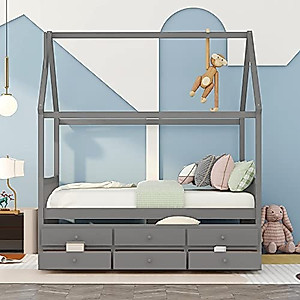 BIADNBZ Full Size House Bed Frame with Trundle, Storage Drawers and Roof for Kids Girls Boys Bedroom, Gray