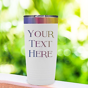 Customized Personalized Stainless Steel Travel Tumbler with Lid - Engraved Double-Wall Vacuum Insulated for Him, Her Your Custom Text (White with Prism, 20 oz)