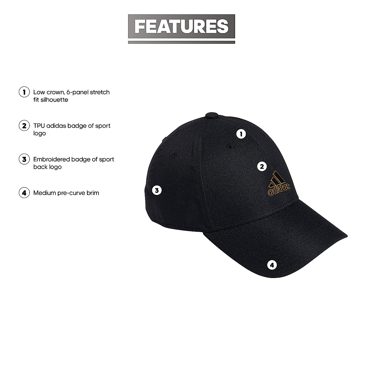 adidas Men's Stadium II Stretch Fit, Black/Gold Metallic, Large-X-Large