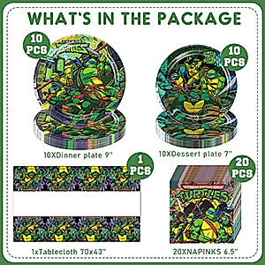 Ninja Turtle Birthday Party Supplies, Teenage Mutant Ninja Theme Tableware Set Include 1 Tablecloth, 10pcs Plates 7",10pcs Plates 9" and 20 Napkins for Boys Birthday Party Supplies