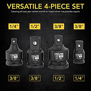 LEXIVON Impact Socket Adapter and Reducer 4-Piece Set | 1/4" - 3/8" - 1/2" Impact Driver Conversions, Chrome Molybdenum alloy steel (LX-112)