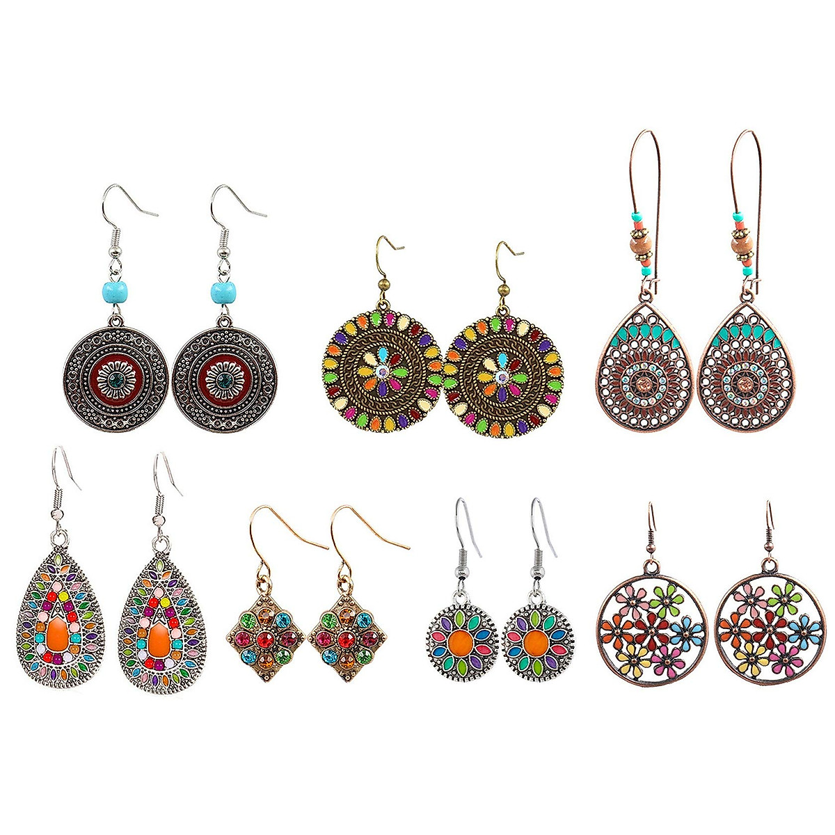 LAIMALA 7 Pairs Bohemian Vintage Dangle Earrings Retro Rhinestone Dangle Drop Earrings for Women