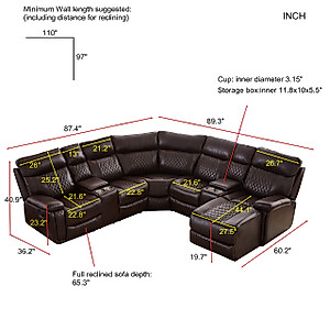 DHHU Living Room Leather Motion Sectional Sofa, PU L Shape Symmertrical Reclining Couch with Cup Holder and Storage Box, Leathaire Corner Couches Modern Reclining Sofá, Brown