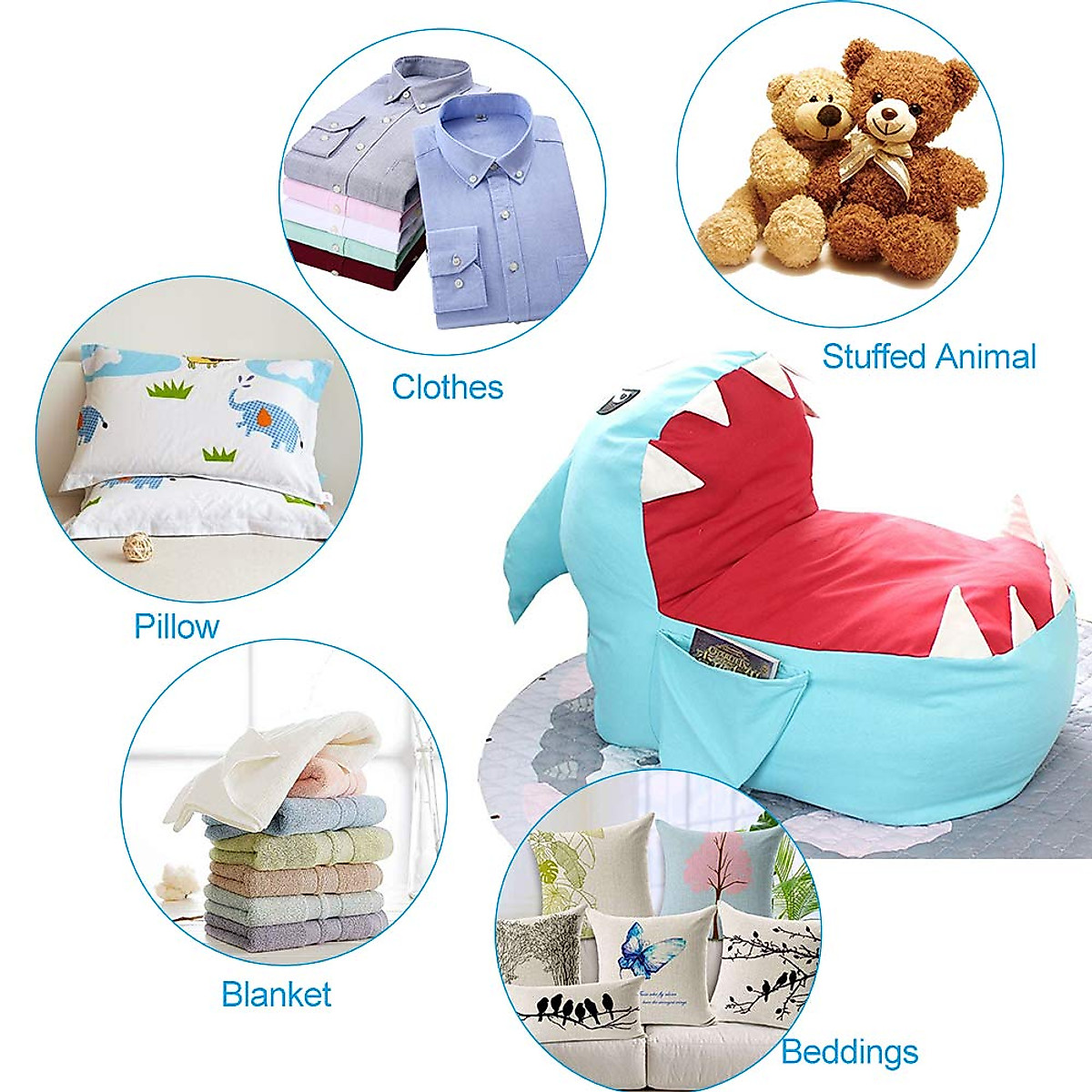 Kids Bean Bag Chair,Adorable Shark Large Capacity Stuffable Zipper Plush Toy Organizer Children Toy Seat Stuffed Storage Bag for Pillows Towels Clothes (Blue)