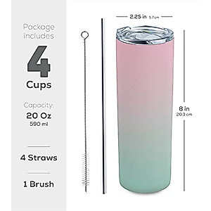 Insulated Skinny Stainless Steel Tumbler Set - 4-Pack 20oz Coffee Tumbler with Straw - Travel Coffee Mug With PBA Free Lids - Slim Vacuum Insulated Tumblers Keep Hot and Cold - Great for Home, Office.
