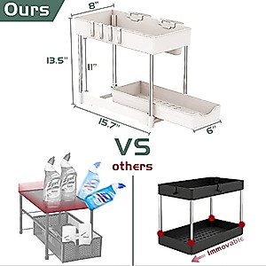 2 Pack Under Sink Organizers and Storage, 2 Tier Bathroom Organizer with Pull Out Drawer, Sliding Cabinet Basket Organizer with 4 Cups 8 Hooks, Multi-purpose Storage Shelf for Bathroom Kitchen, White