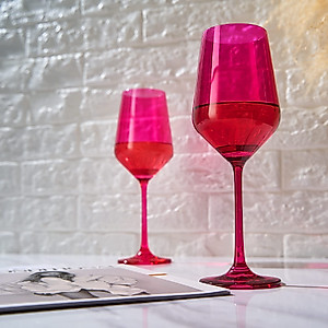 Hot Pink Wine Glasses | Set of 2 | Magenta & Blush Pink Classic Crystal Glassware, Unique Barware Glasses For Red and White, Cocktails, Champagne, Wine - Unique Gift For Wine Lovers (12 OZ)