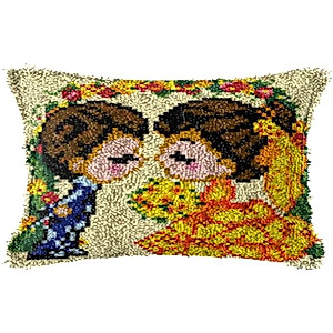 Wedding Kissing Bride and Groom Latch Hook Rectangle Pillow Kit for Adults DIY Easy Throw Pillow Cover with Printed Canvas Crochet Yarn Needle Craft Handmade Cushion for Wedding 12x20inch(2)