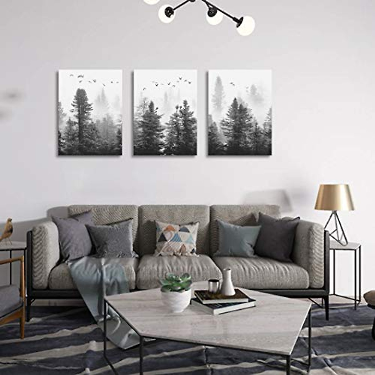 Wall art Canvas wall art Forest wall art Living room decoration black and white art Landscape wall art Gable decoration Morning fog Mountain canvas art wall Fog forest 3 panel Modern home Decoration