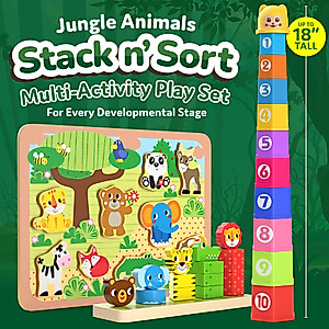 CoolToys Stack n' Sort Baby Toddler Learning Toys, 3 Developmental Educational Game Set, Nesting & Stacking Cups, Shape & Color Sorting Stackable Wooden Pieces, Montessori Wooden Puzzle, Jungle Theme