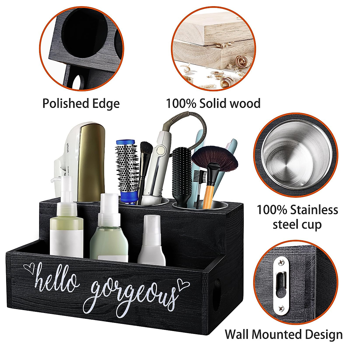 MINCORD Wood Hair Dryer Holder, Rustic Hair Tool Organizer Farmhouse Blow Dryer Holder Curling Iron Straightener Brush for Bathroom and Vanity Dressing Supplies Storage